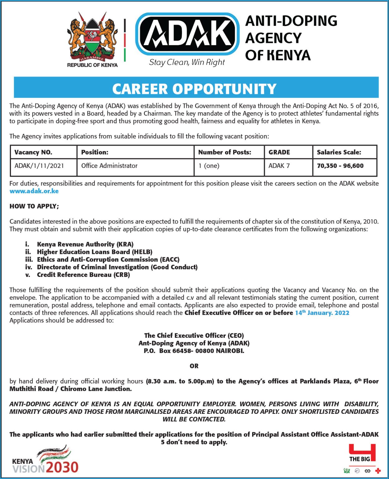 OFFICE ADMINISTRATOR ADVERT – Anti-Doping Agency of Kenya